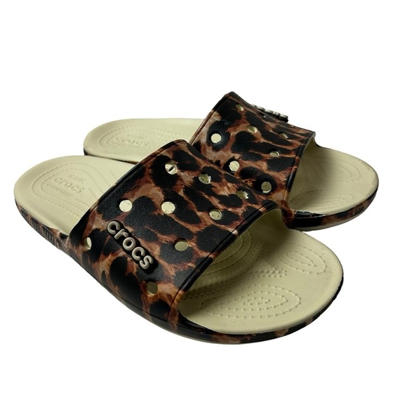 CROCS | Shoes | Crocs Womens Leopard Print Slides Sandals Waterproof ...